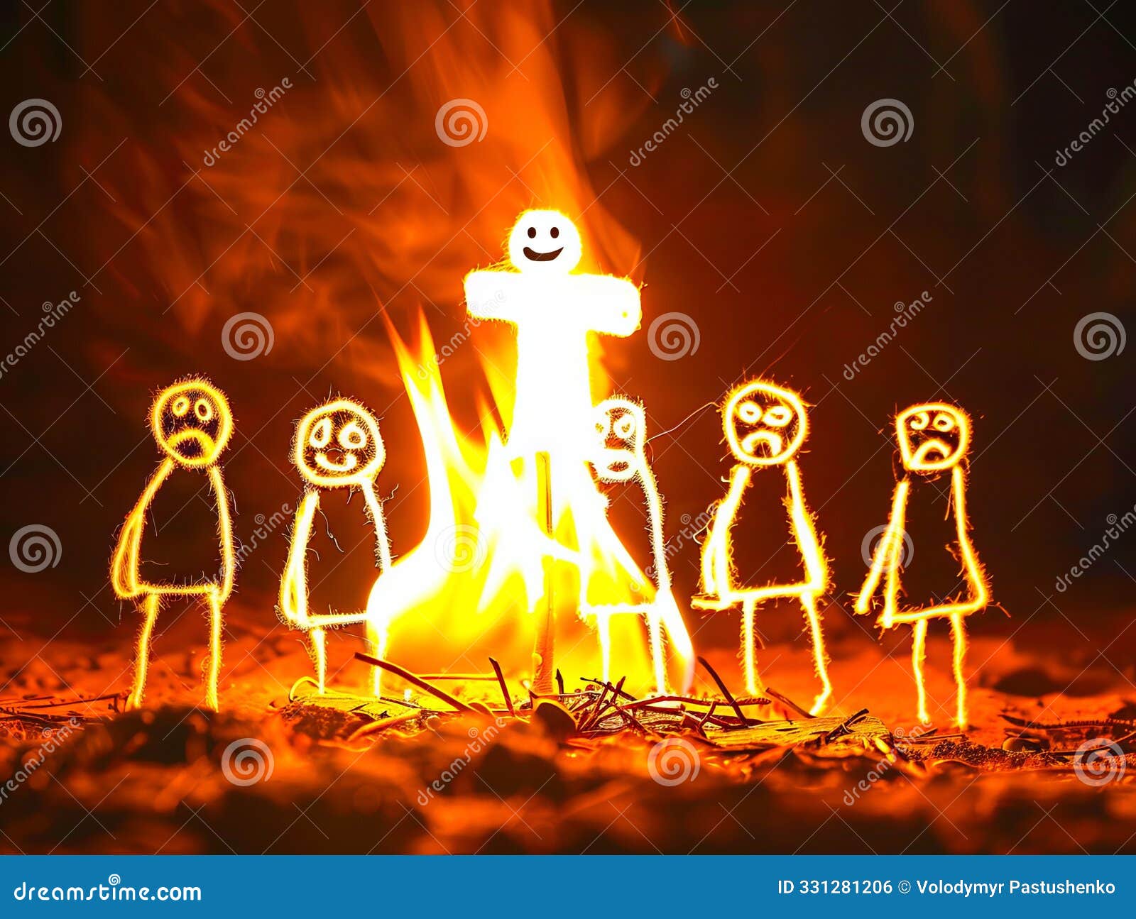 A Group of Stick Figures Standing Around a Bonfire at Night Stock Photo ...