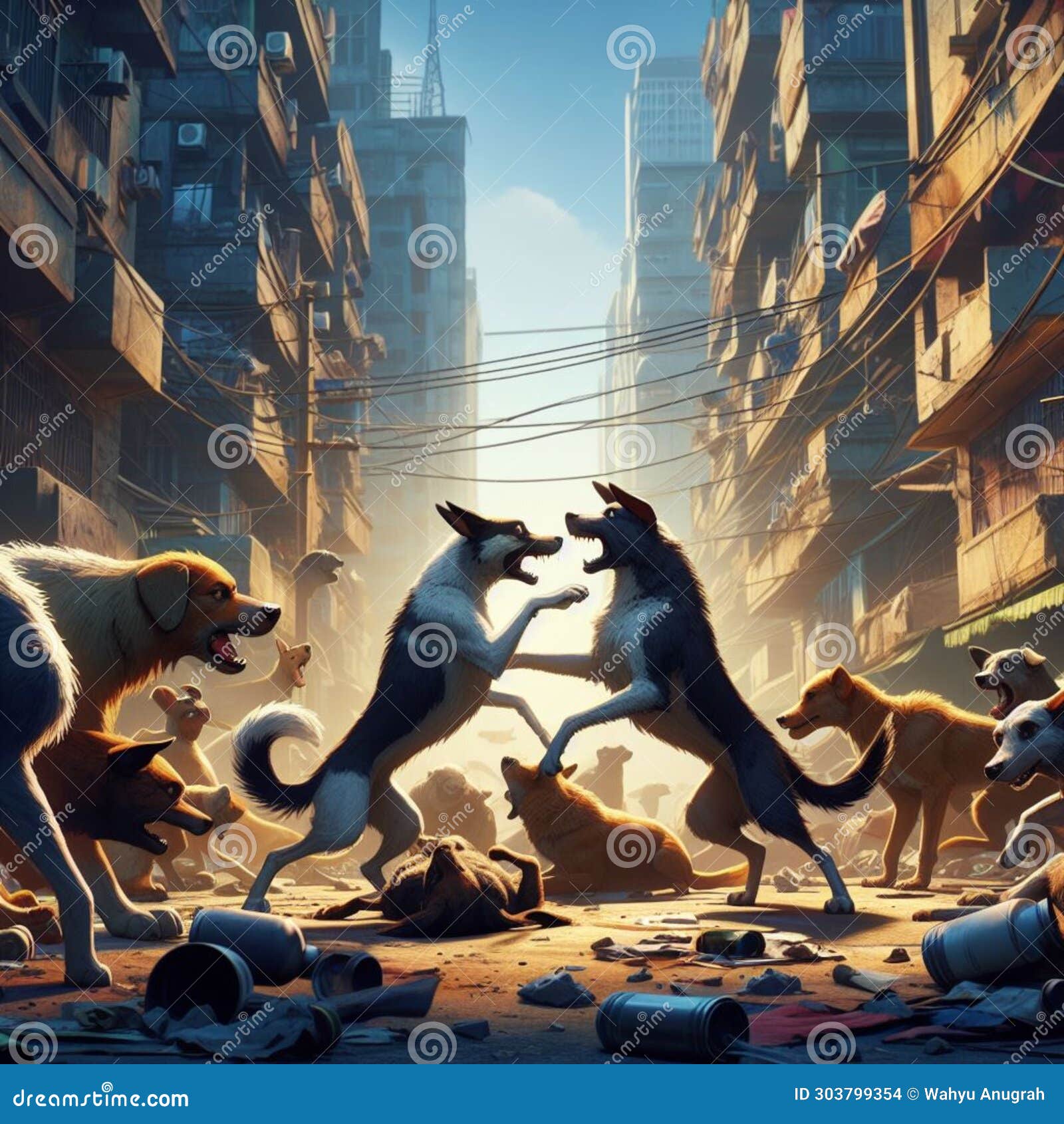 A Group of Stray Dogs Fighting in the Middle of the City Stock ...