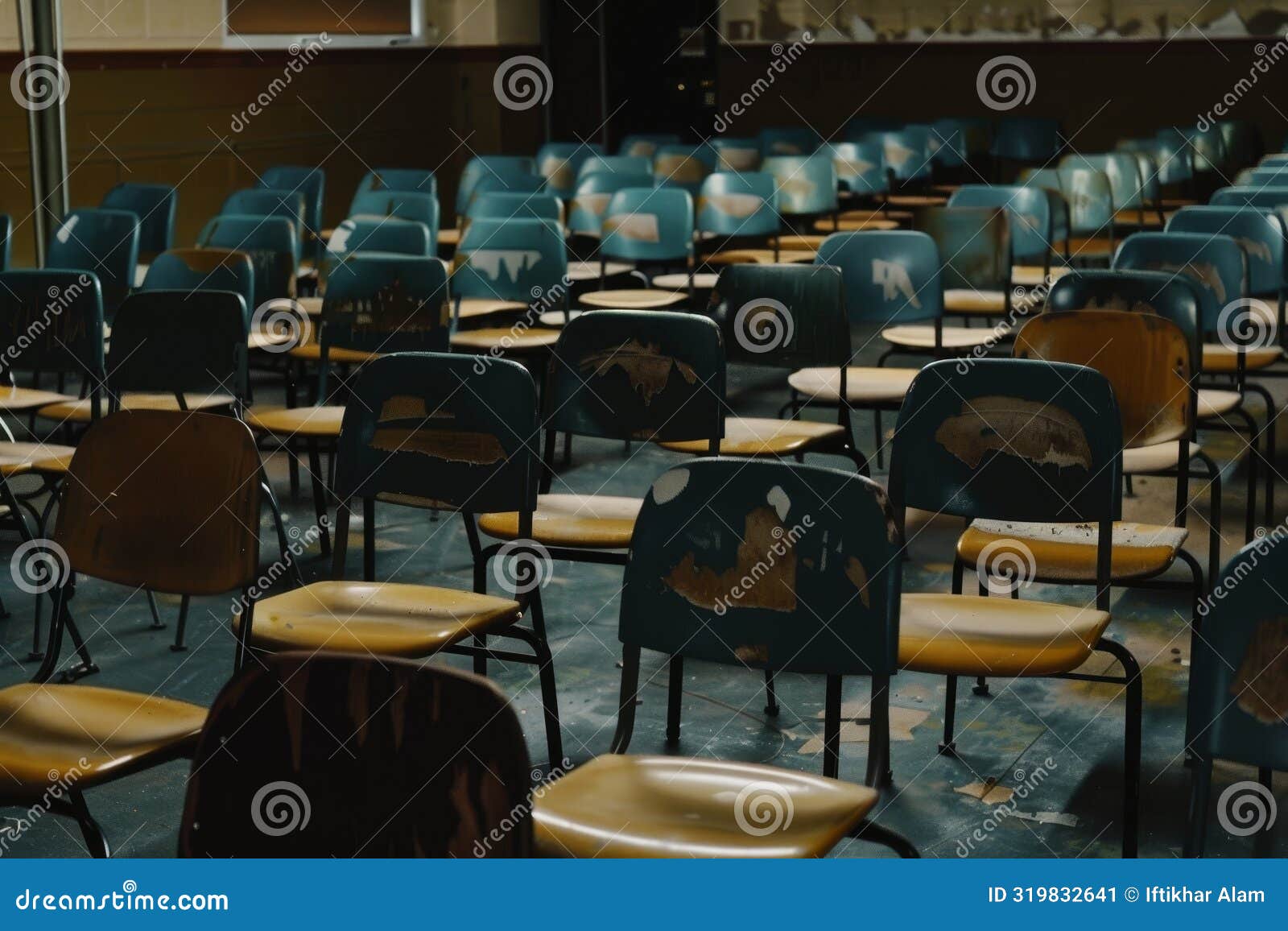 A Group of Student Chairs Neatly Lined Up in an Empty Classroom ...