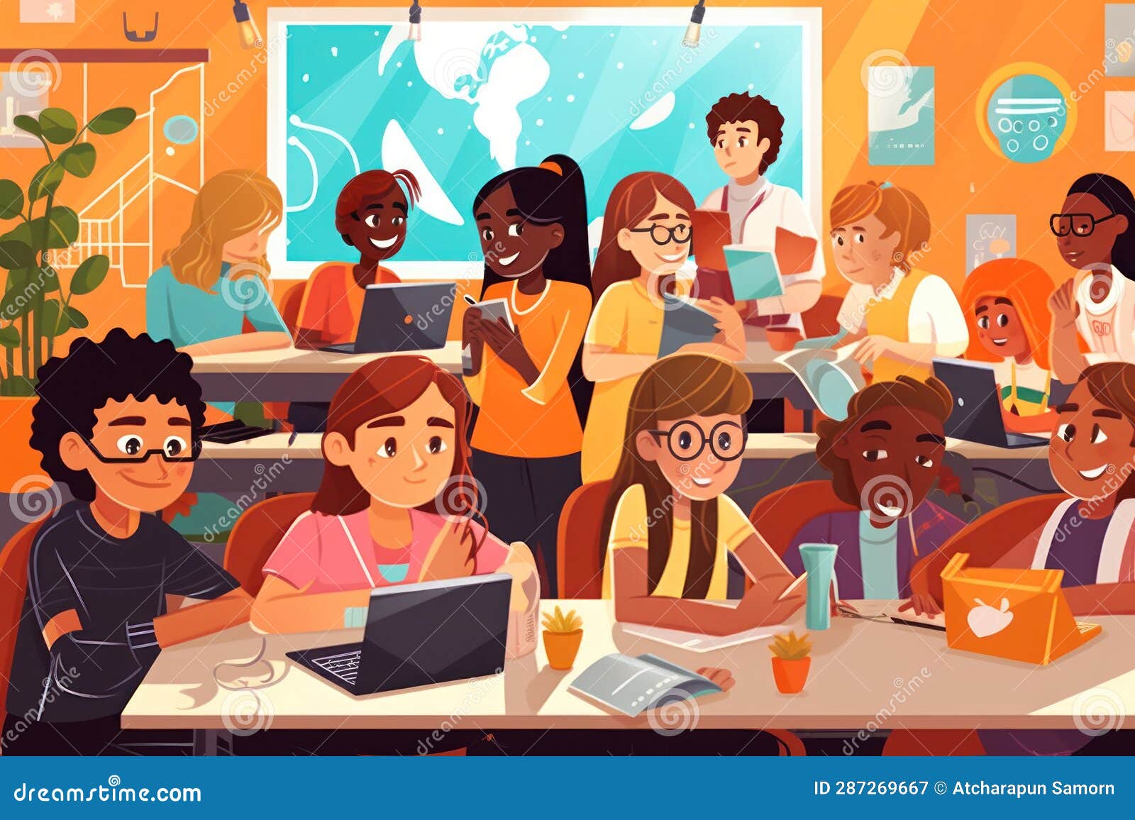 Group Student in Class Room, Students in a Library, Round Table ...