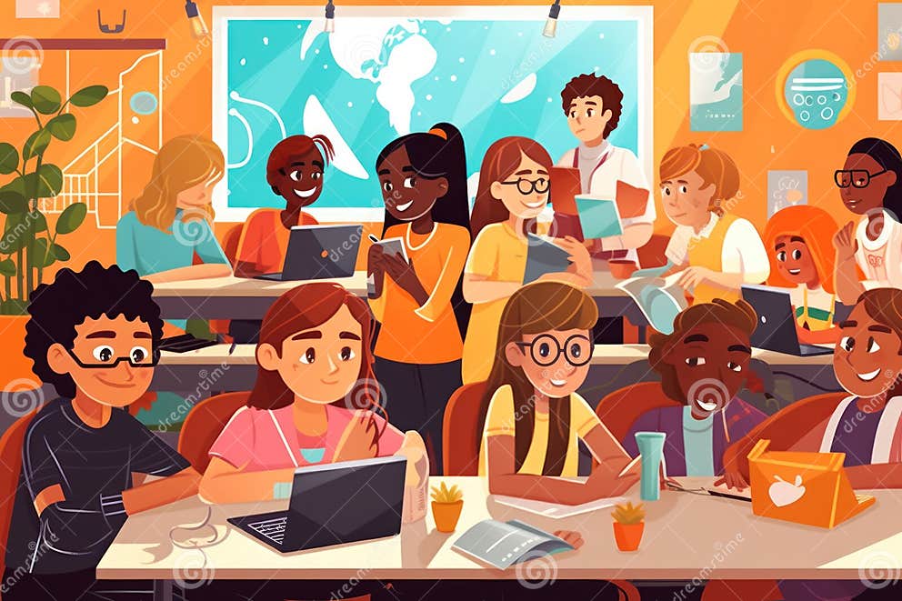 Group Student in Class Room, Students in a Library, Round Table ...