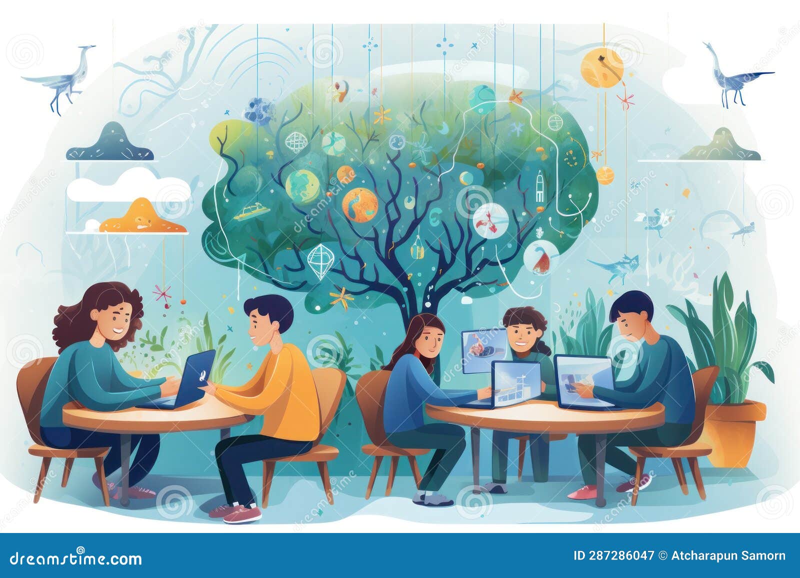 Group Student in Class Room, Students in a Library, Round Table ...