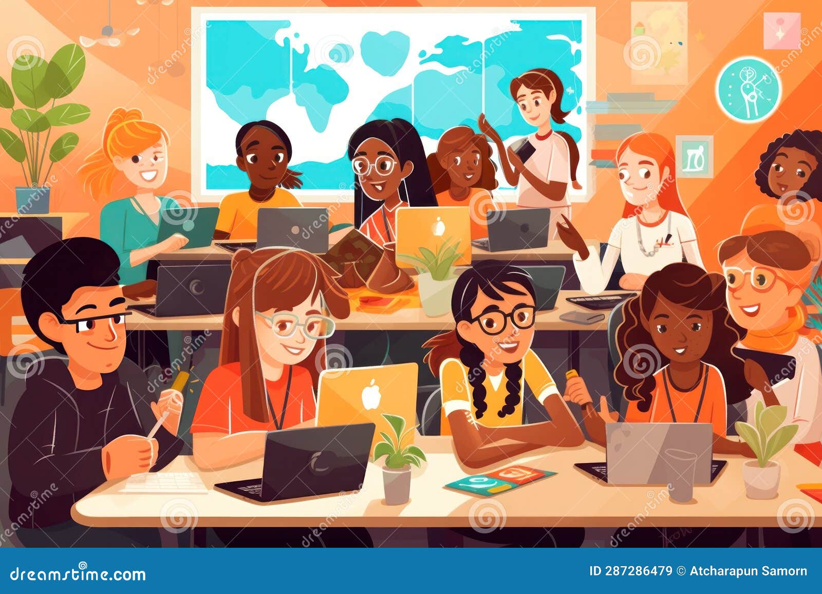 Group Student in Class Room, Students in a Library, Round Table ...