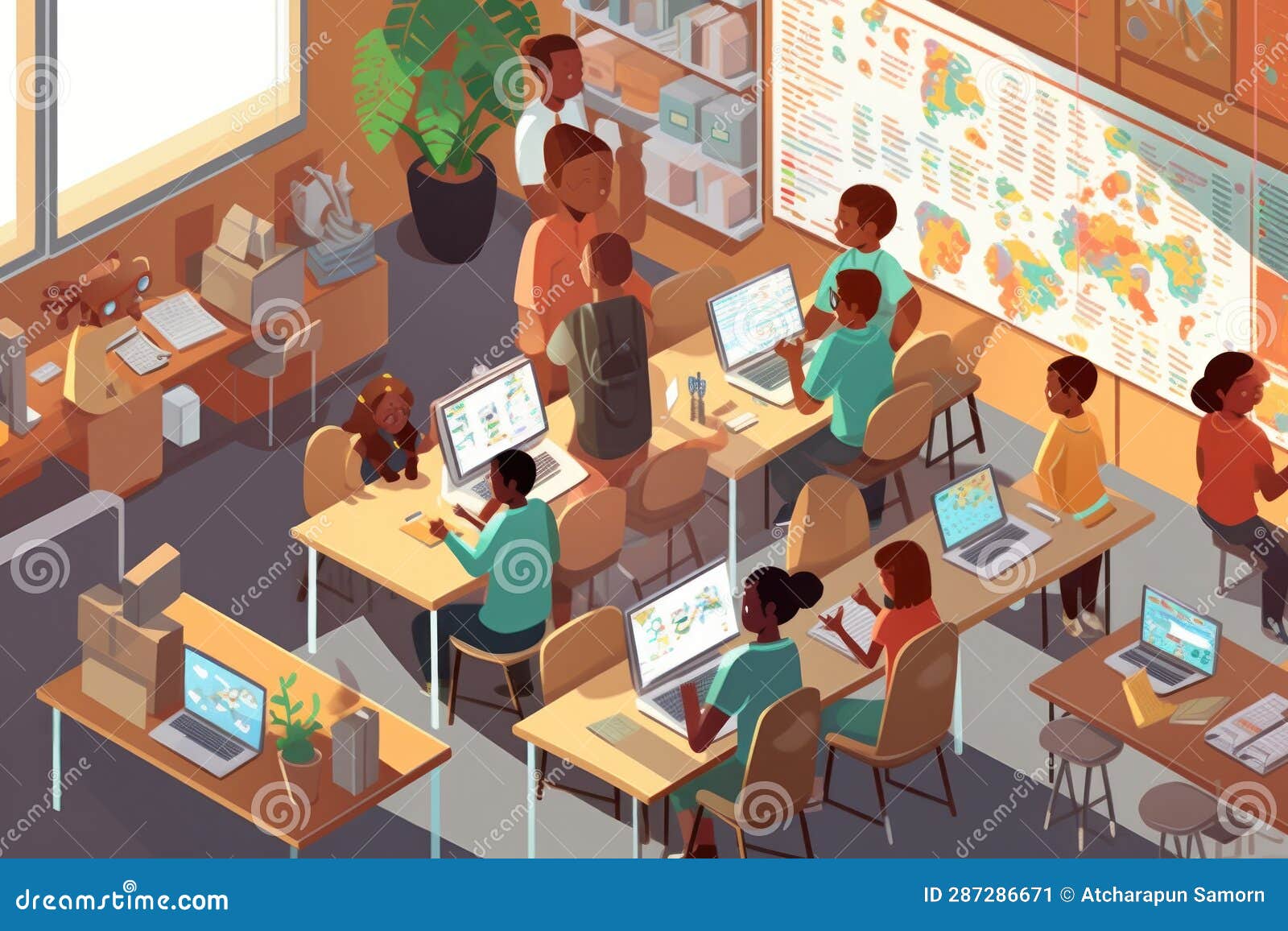 Group Student in Class Room, Students in a Library, Round Table ...