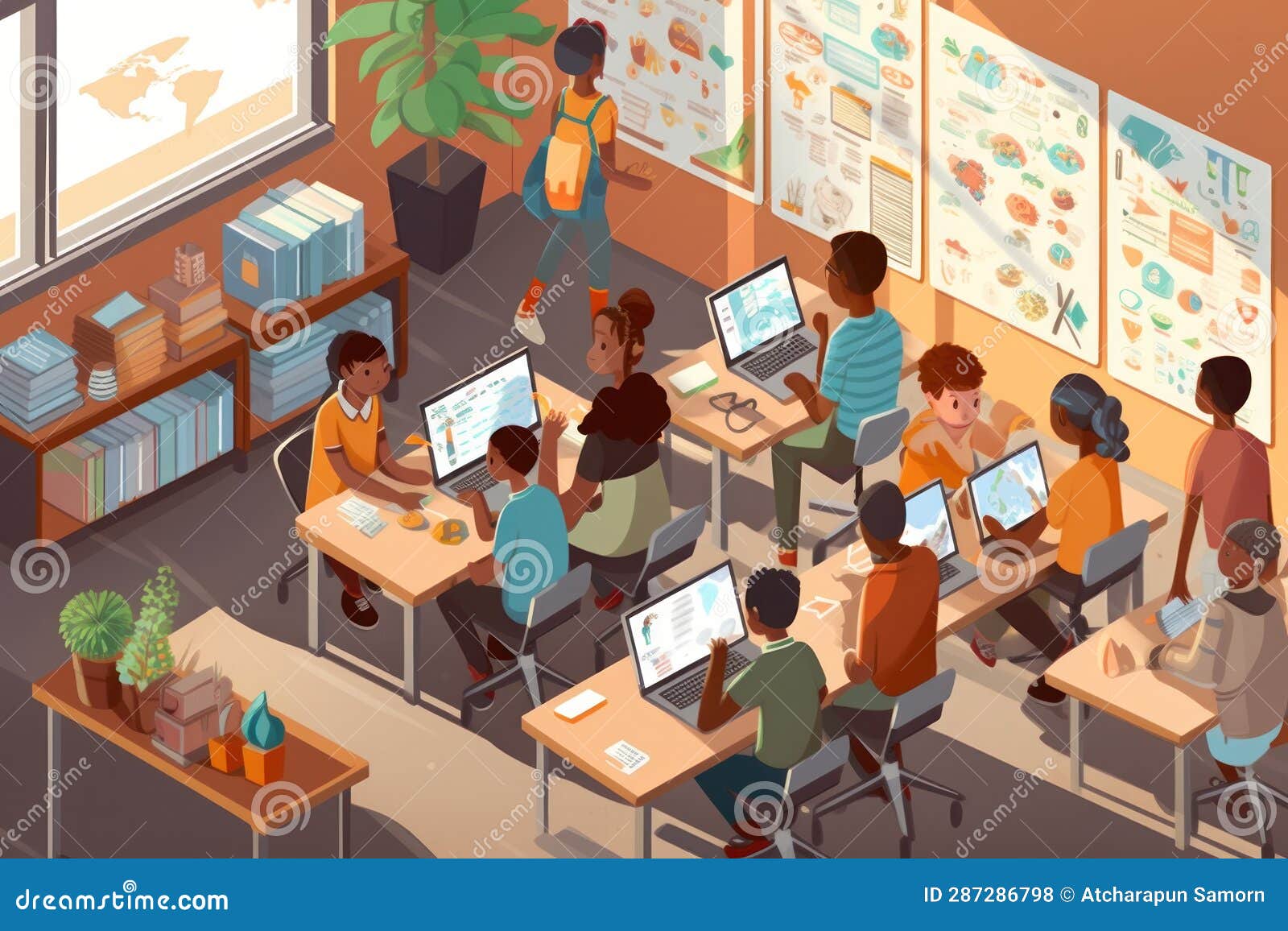 Group Student in Class Room, Students in a Library, Round Table ...