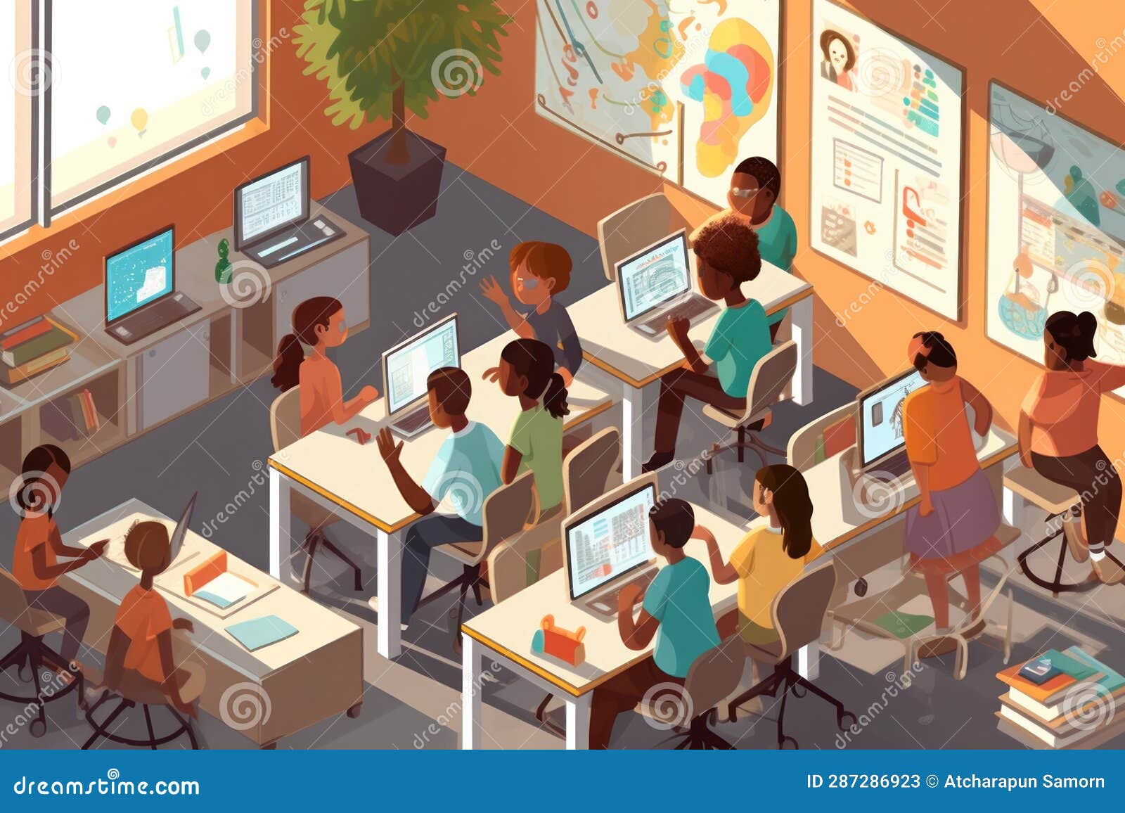 Group Student in Class Room, Students in a Library, Round Table ...