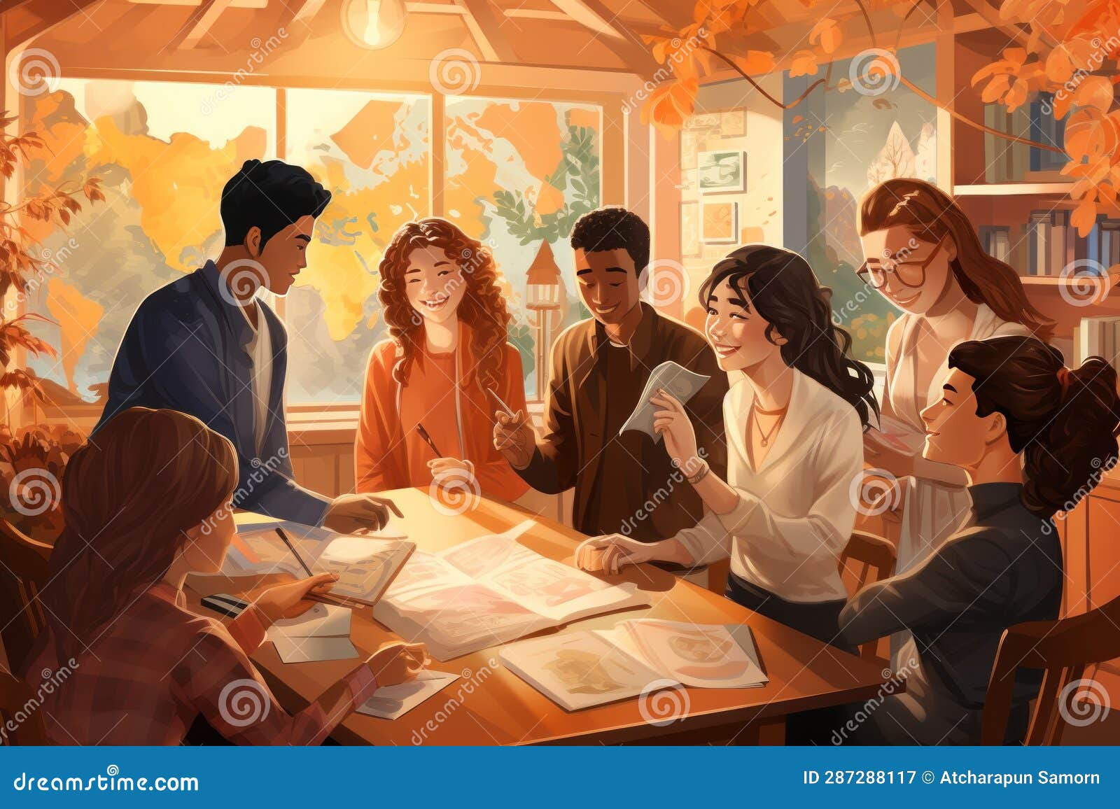 Group Student in Class Room, Students in a Library, Round Table ...