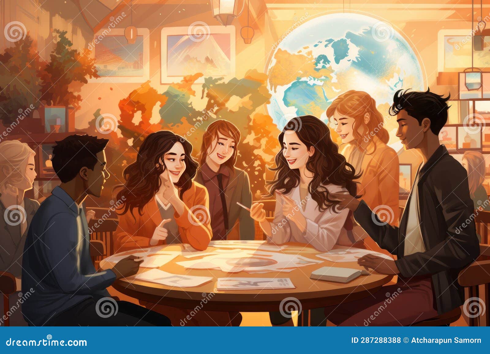 Group Student in Class Room, Students in a Library, Round Table ...