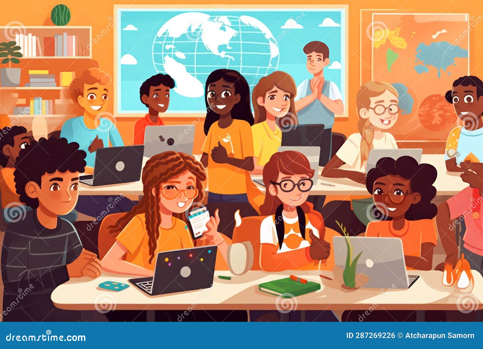 Group Student in Class Room, Students in a Library, Round Table ...