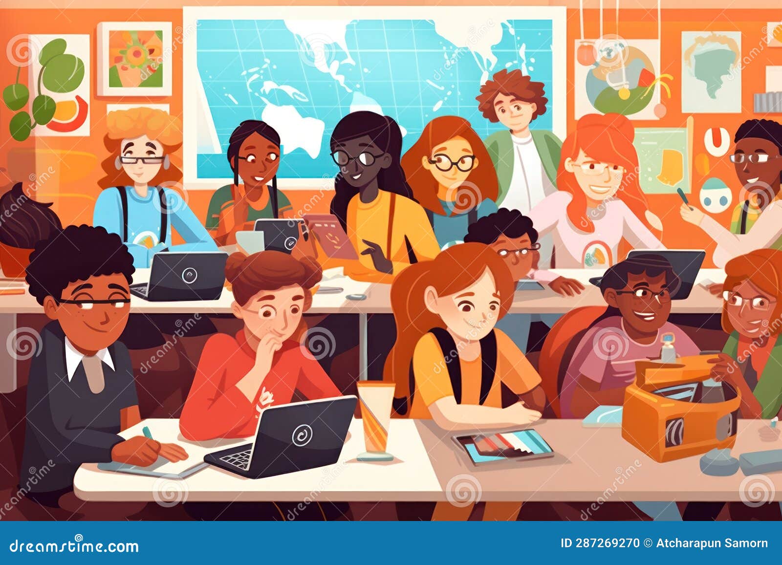 Group Student in Class Room, Students in a Library, Round Table ...