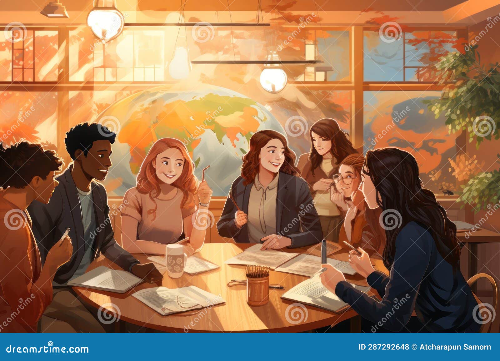 Group Student in Class Room, Students in a Library, Round Table ...