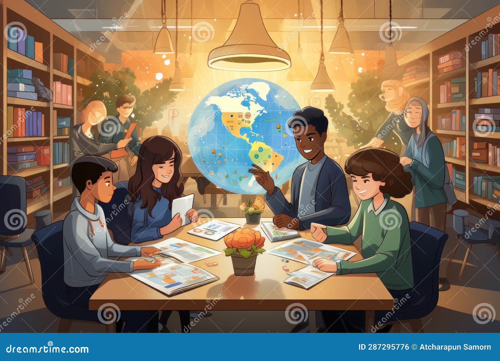 Group Student in Class Room, Students in a Library, Round Table ...