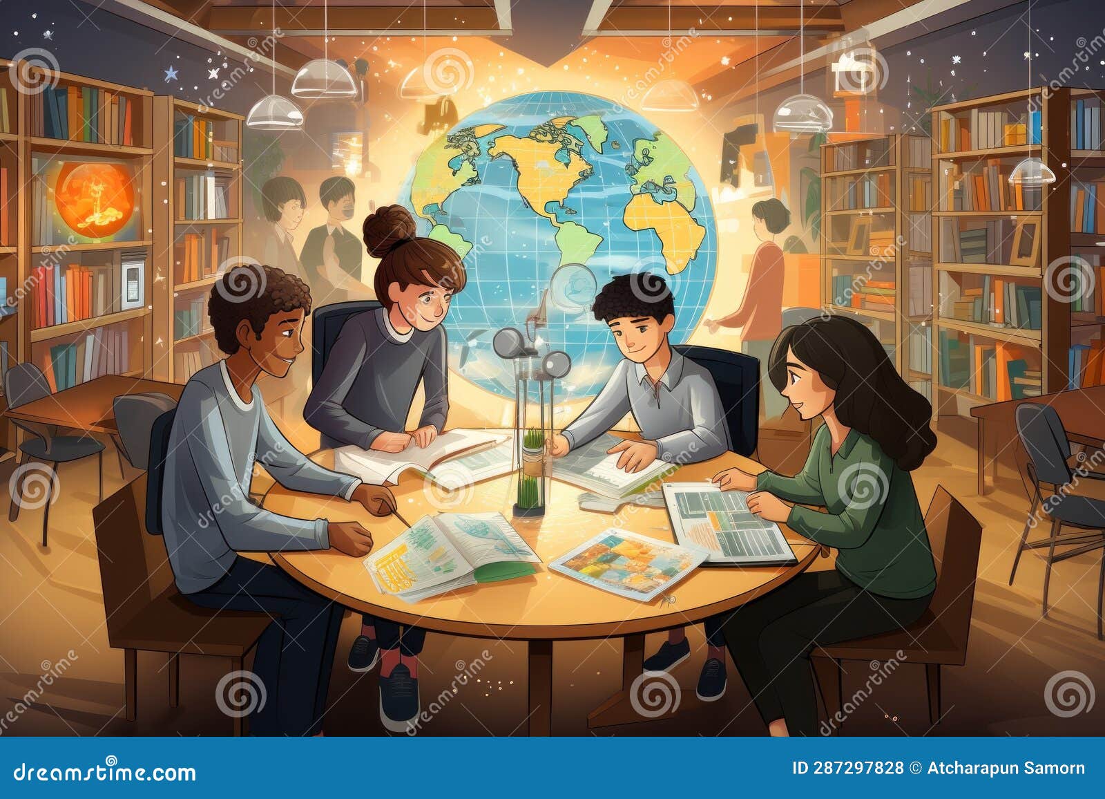 Group Student in Class Room, Students in a Library, Round Table ...