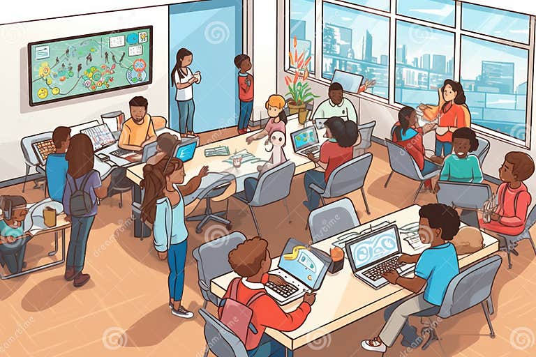 Group Student in Class Room, Students in a Library, Round Table ...