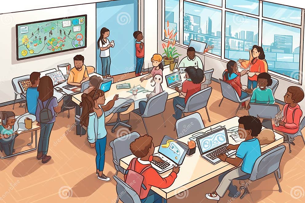 Group Student in Class Room, Students in a Library, Round Table ...