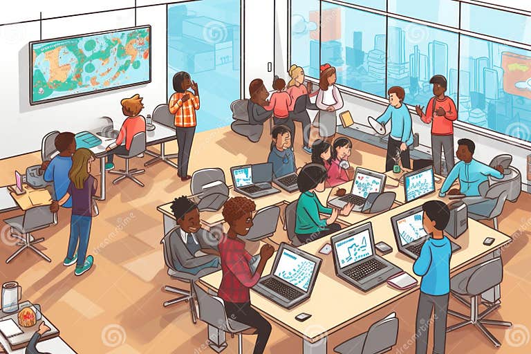 Group Student in Class Room, Students in a Library, Round Table ...