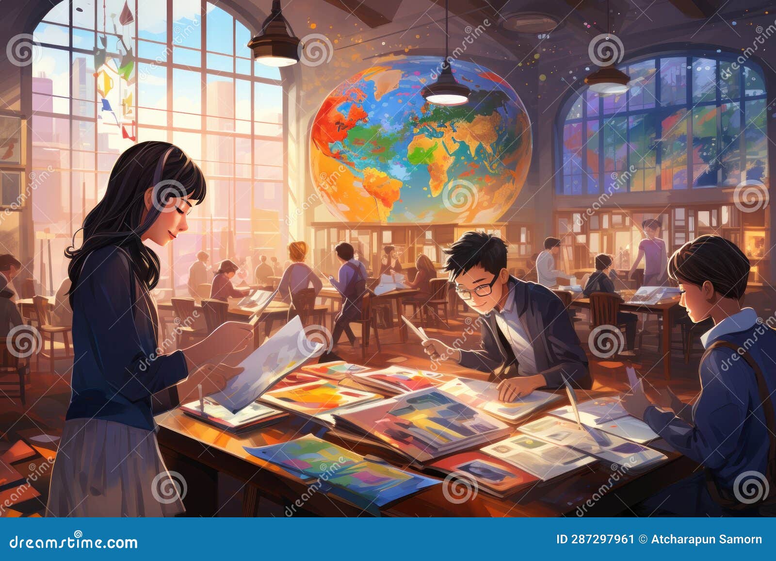 Group Student in Class Room, Students in a Library, Round Table ...