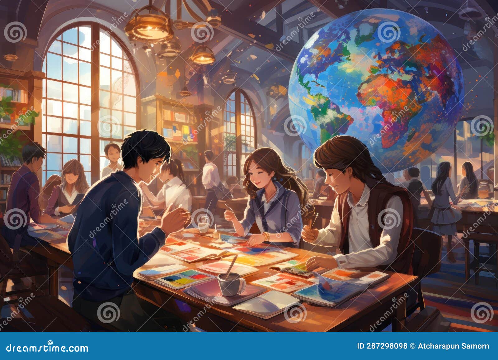 Group Student in Class Room, Students in a Library, Round Table ...