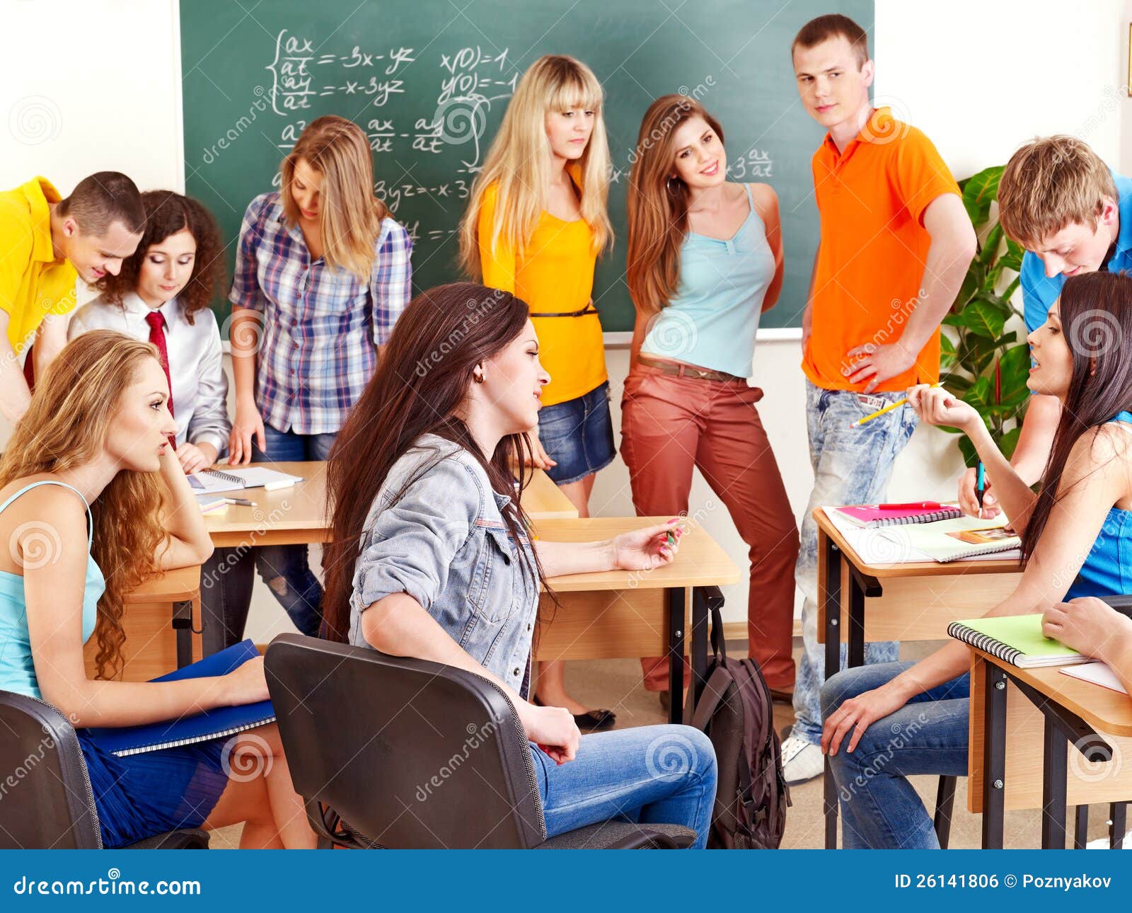 Group Student Near Blackboard. Stock Photo - Image of green, break ...