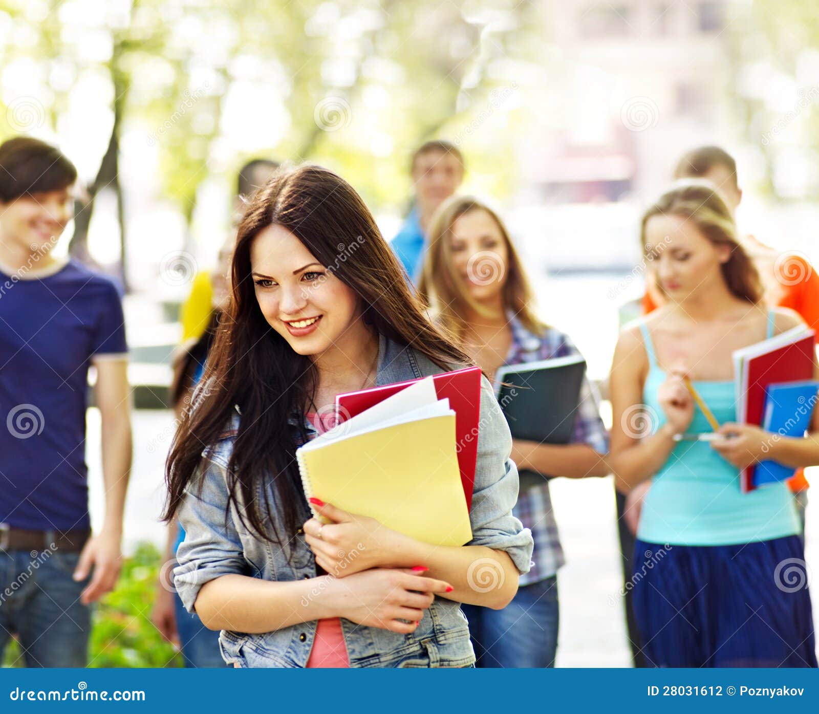 Group Student with Notebook on Bench Outdoor. Stock Photo - Image of ...