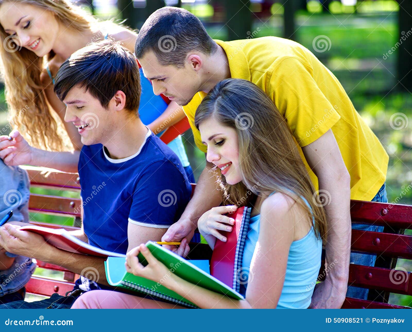 Group Student with Notebook on Bench Outdoor Stock Image - Image of ...
