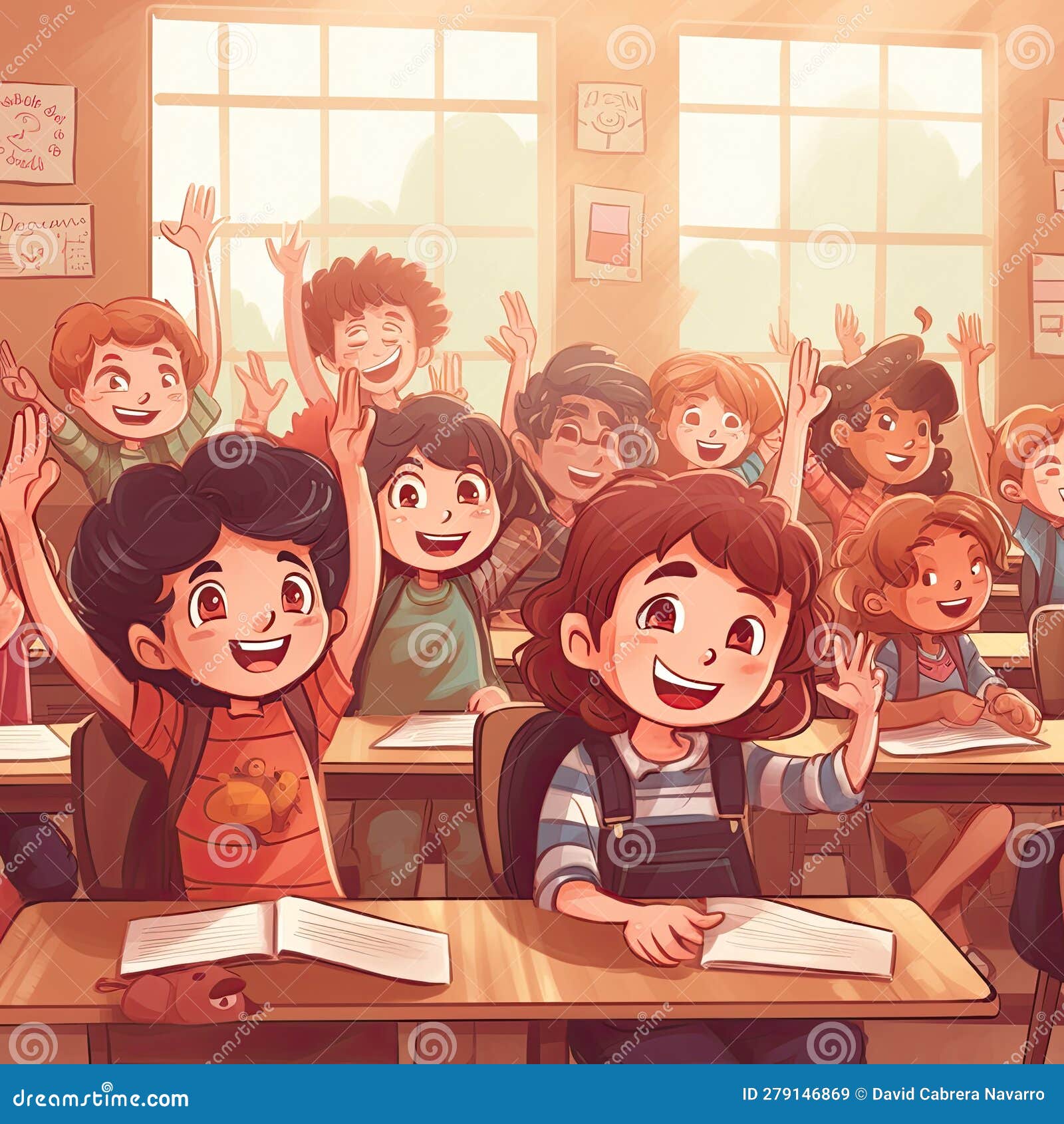 Group of Student and Raising One Hand in Classroom. AI Generative Stock ...