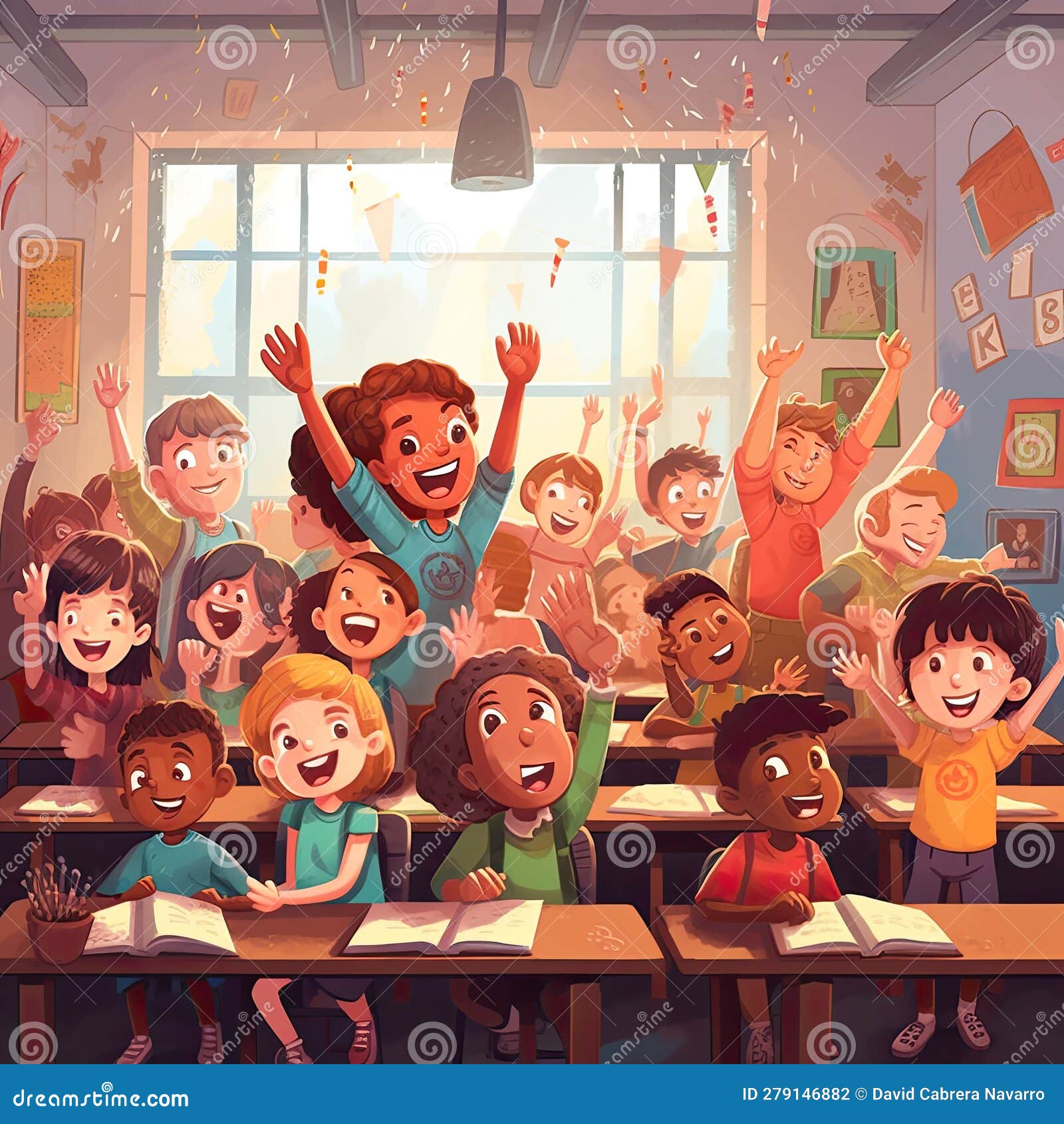 Group of Student and Raising One Hand in Classroom. AI Generative Stock ...