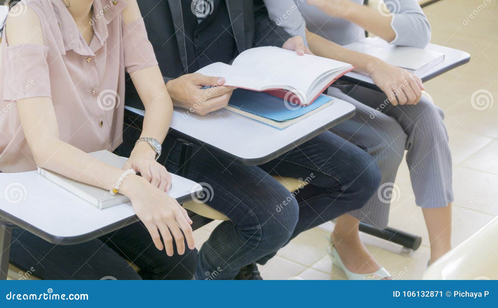 Group Student Read Book and Sit in Classroom Stock Image - Image of ...