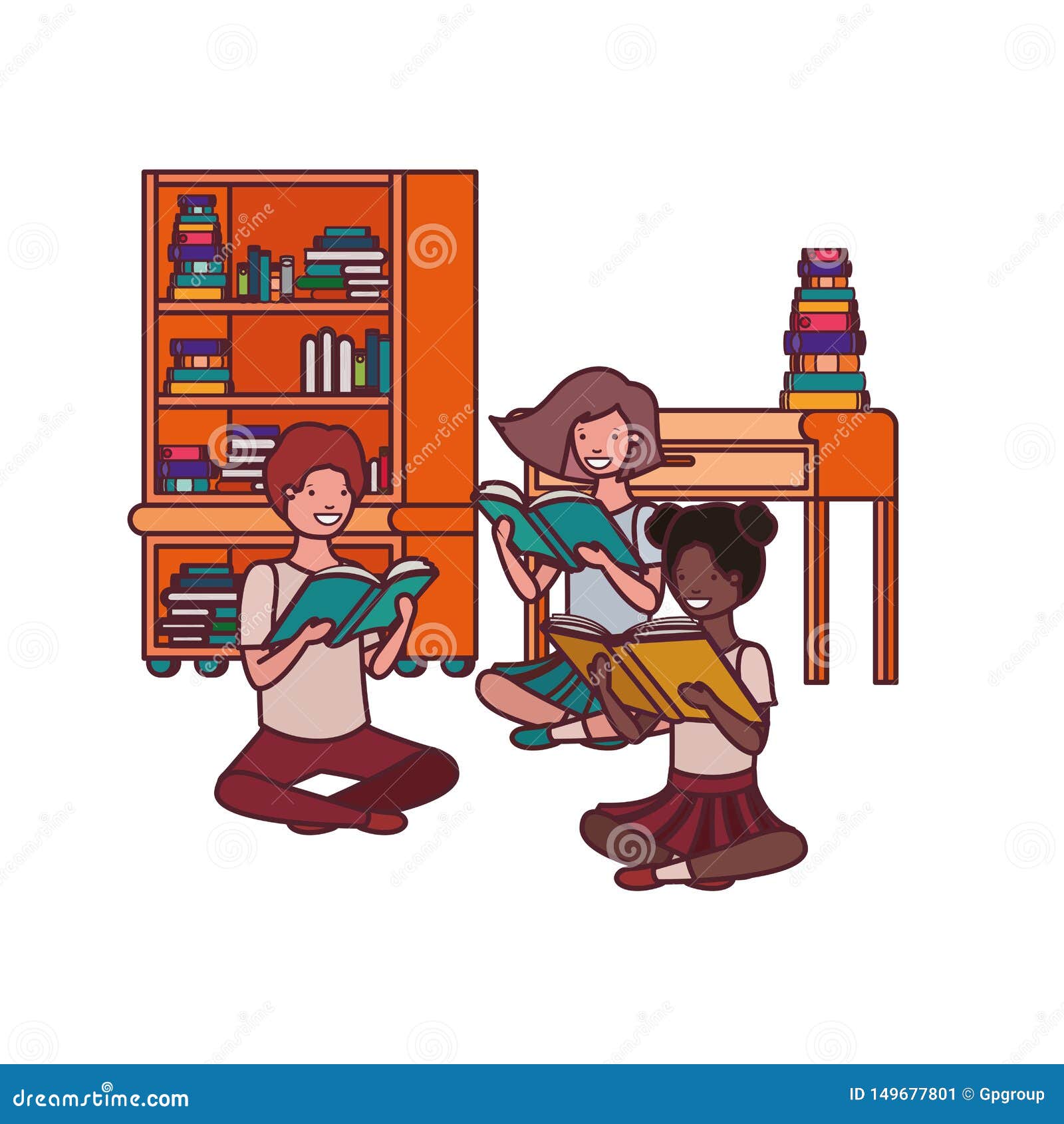 Group of Student with Reading Book Stock Vector - Illustration of open ...