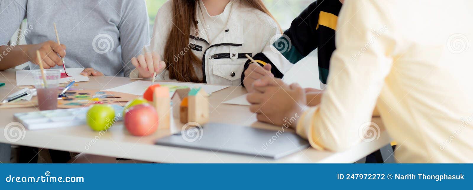 Group of Student Sitting and Studying and Learning Drawing with Teacher ...