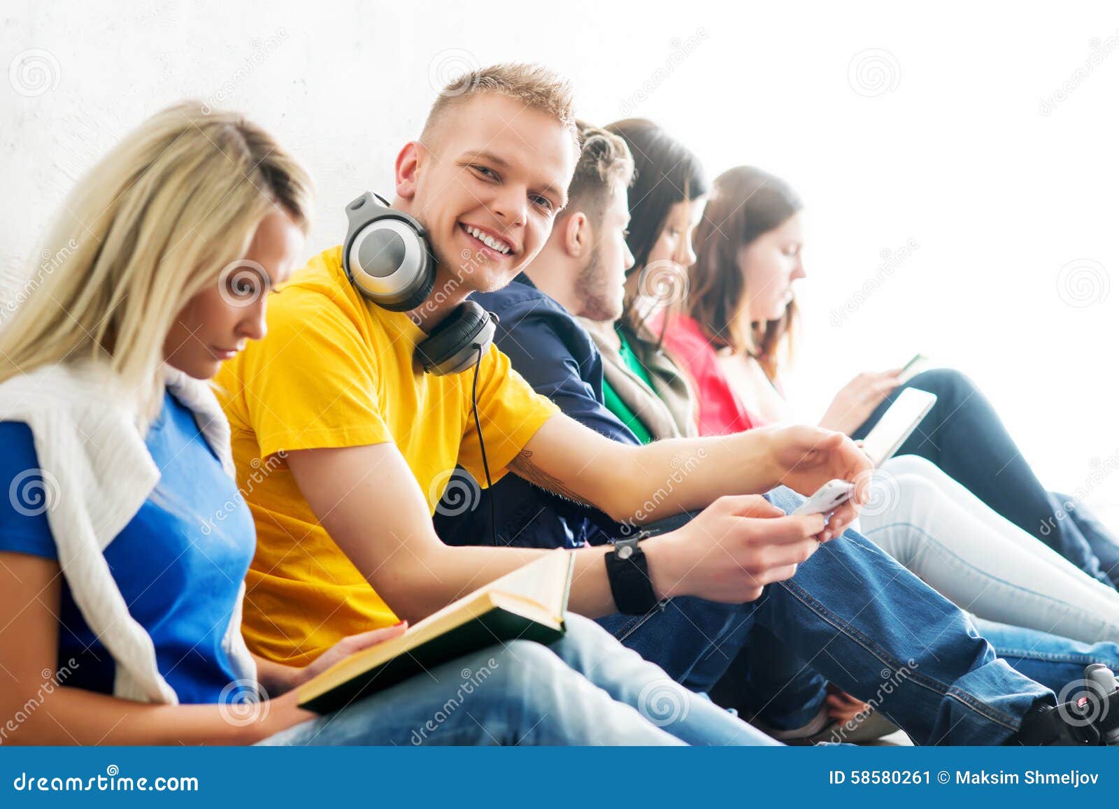 Group of Students on a Break Stock Image - Image of gadget, headphones ...