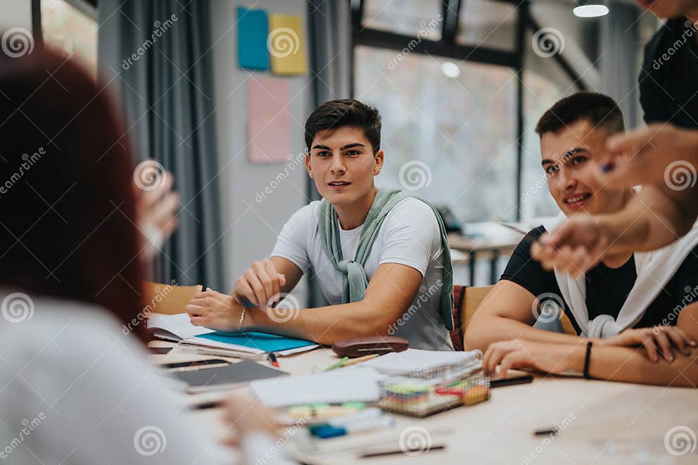 Group of Students Collaborating during a Classroom Activity Stock Photo ...