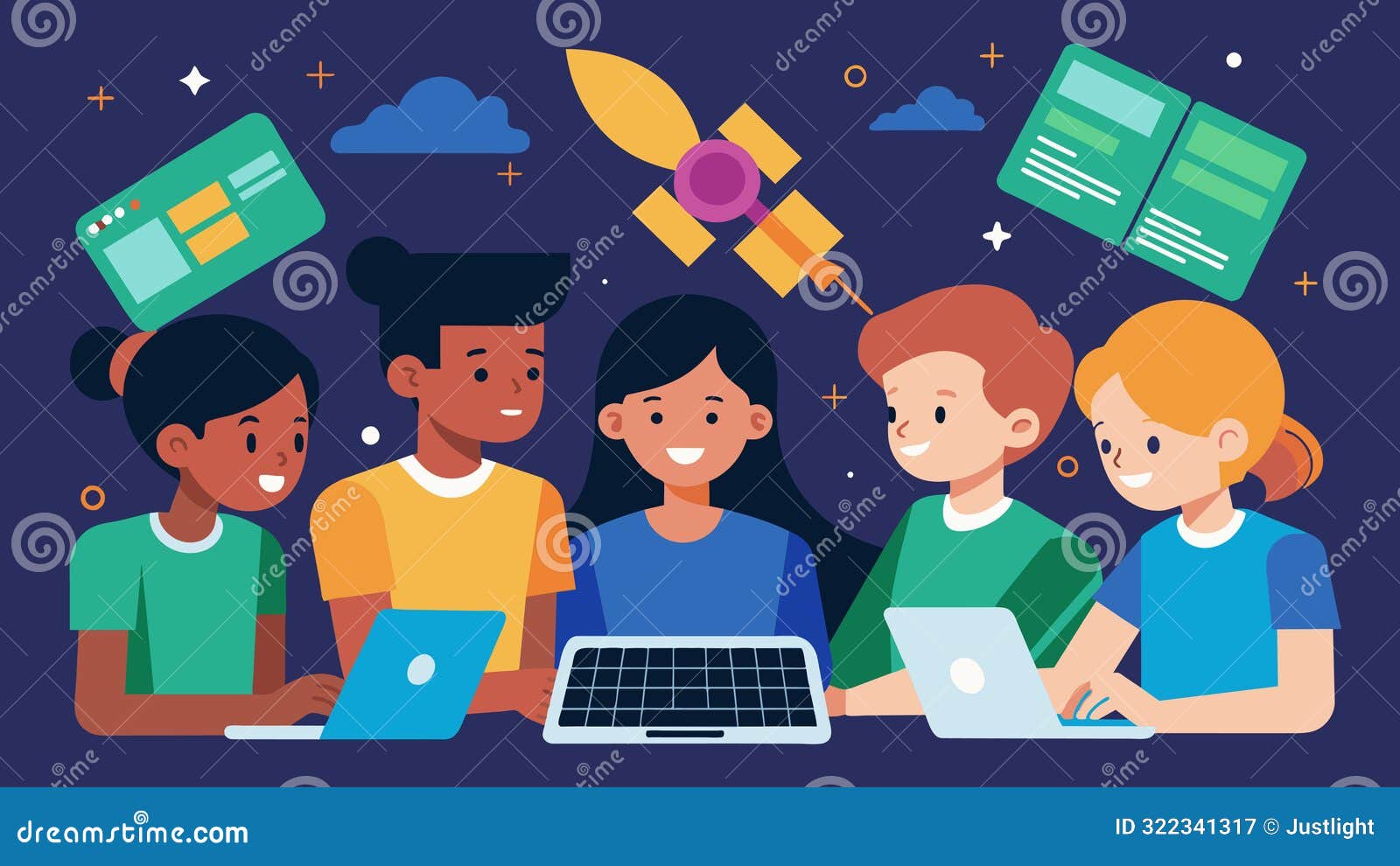 A Group of Students Crowded Around a Laptop Using Coding Language To ...