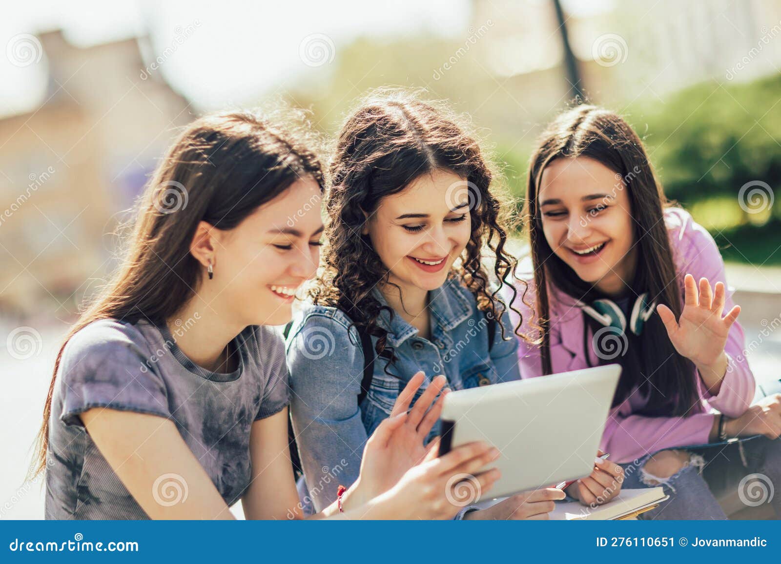Students with Digital Tablet Studying Together Outdoors Stock Image ...