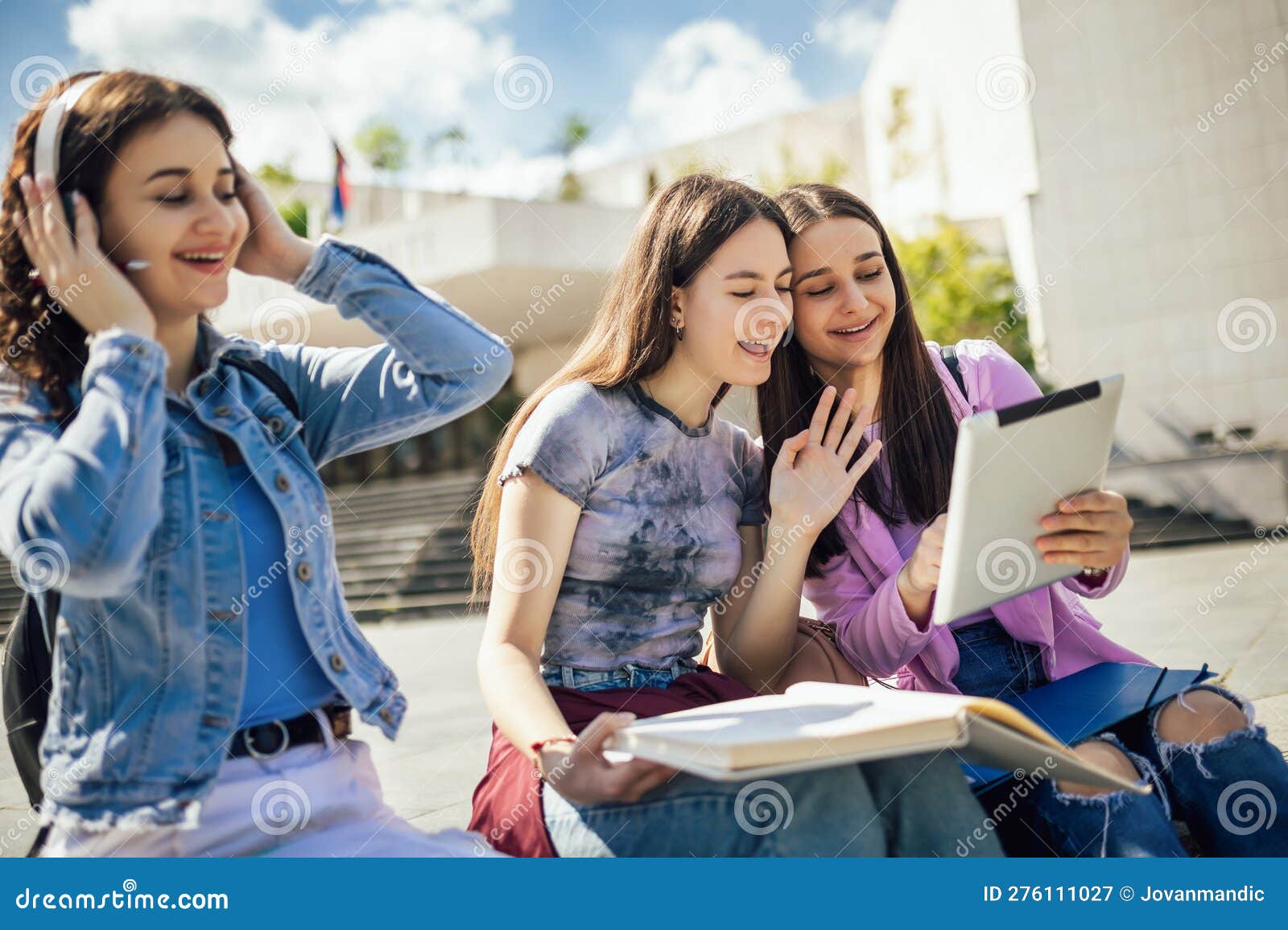 Students with Digital Tablet Studying Together Outdoors Stock Image ...