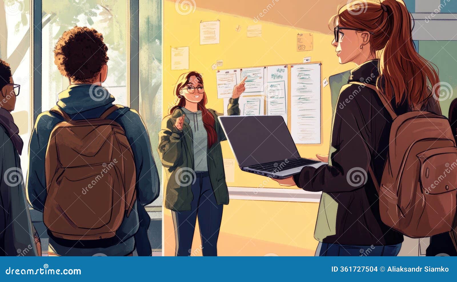 Group of Students Engaged in a Discussion Near a Bulletin Board Stock ...