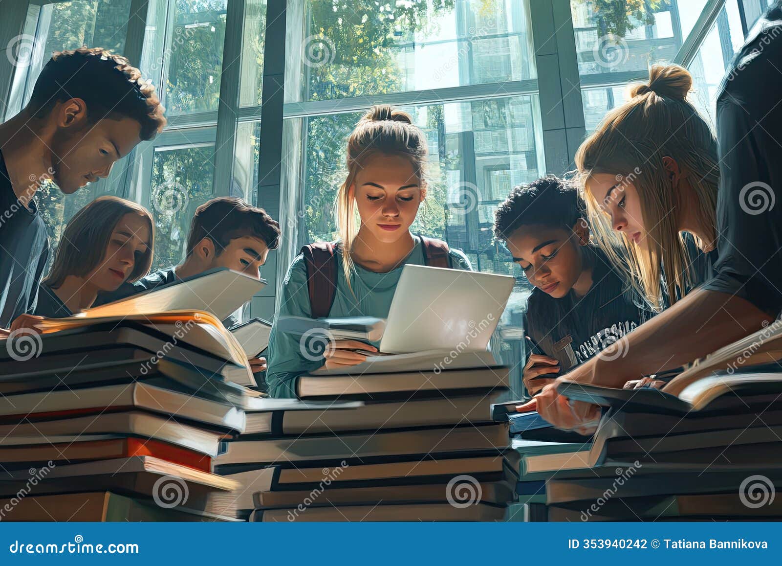 Group of Students Focused on Studying at a Desk, Surrounded by Books ...