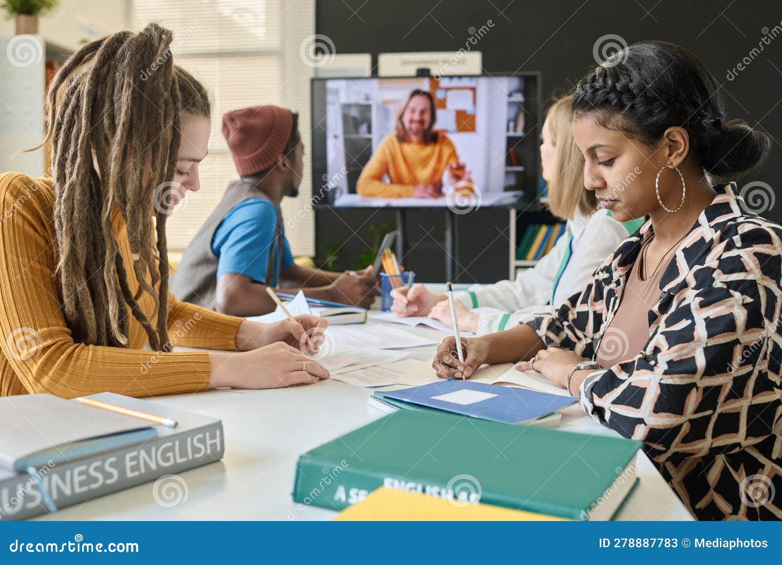 Group of Students Having Video Call with Teacher Stock Image - Image of ...