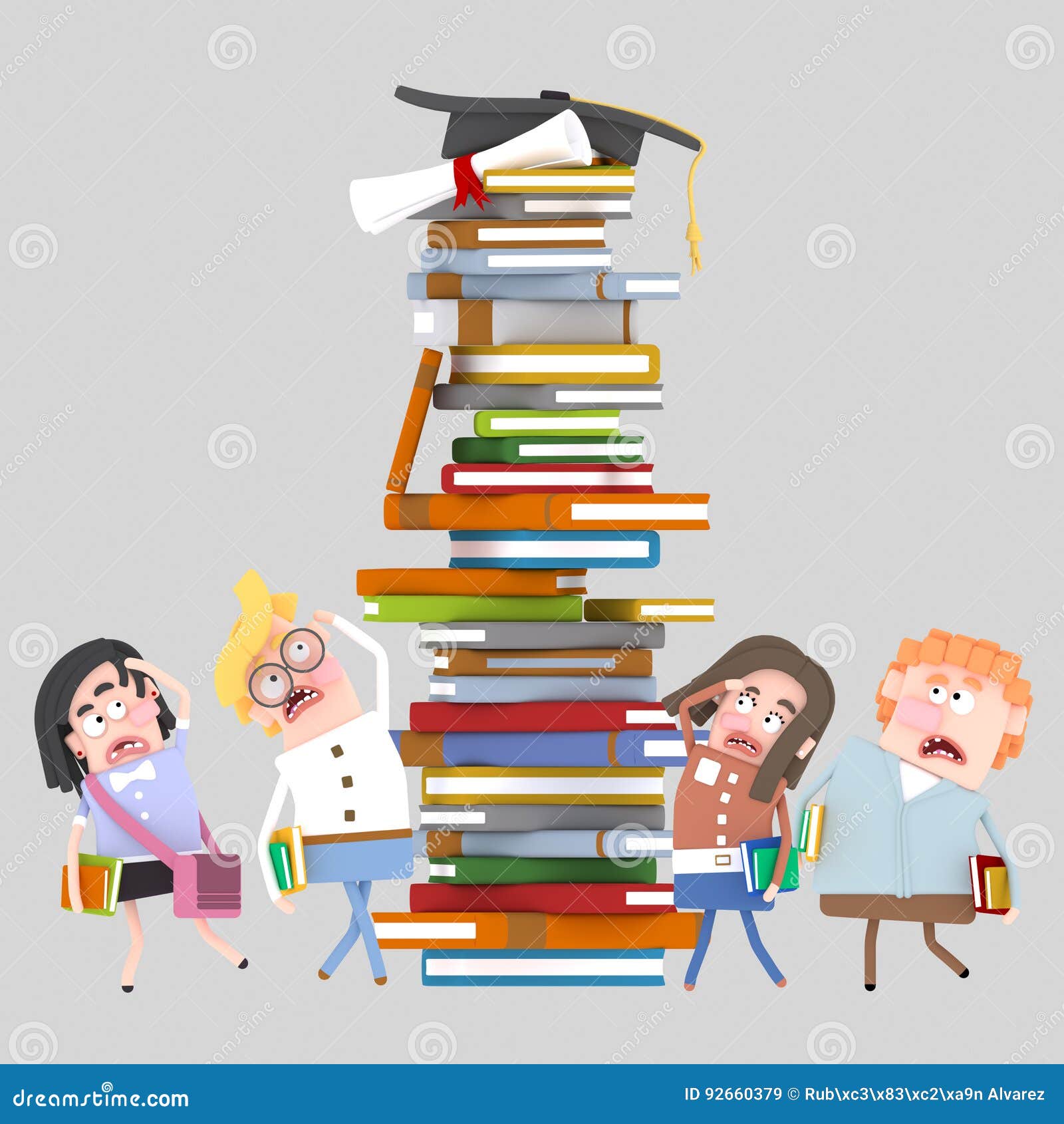 Group of Students Looking Worried at Books Tower Stock Illustration ...