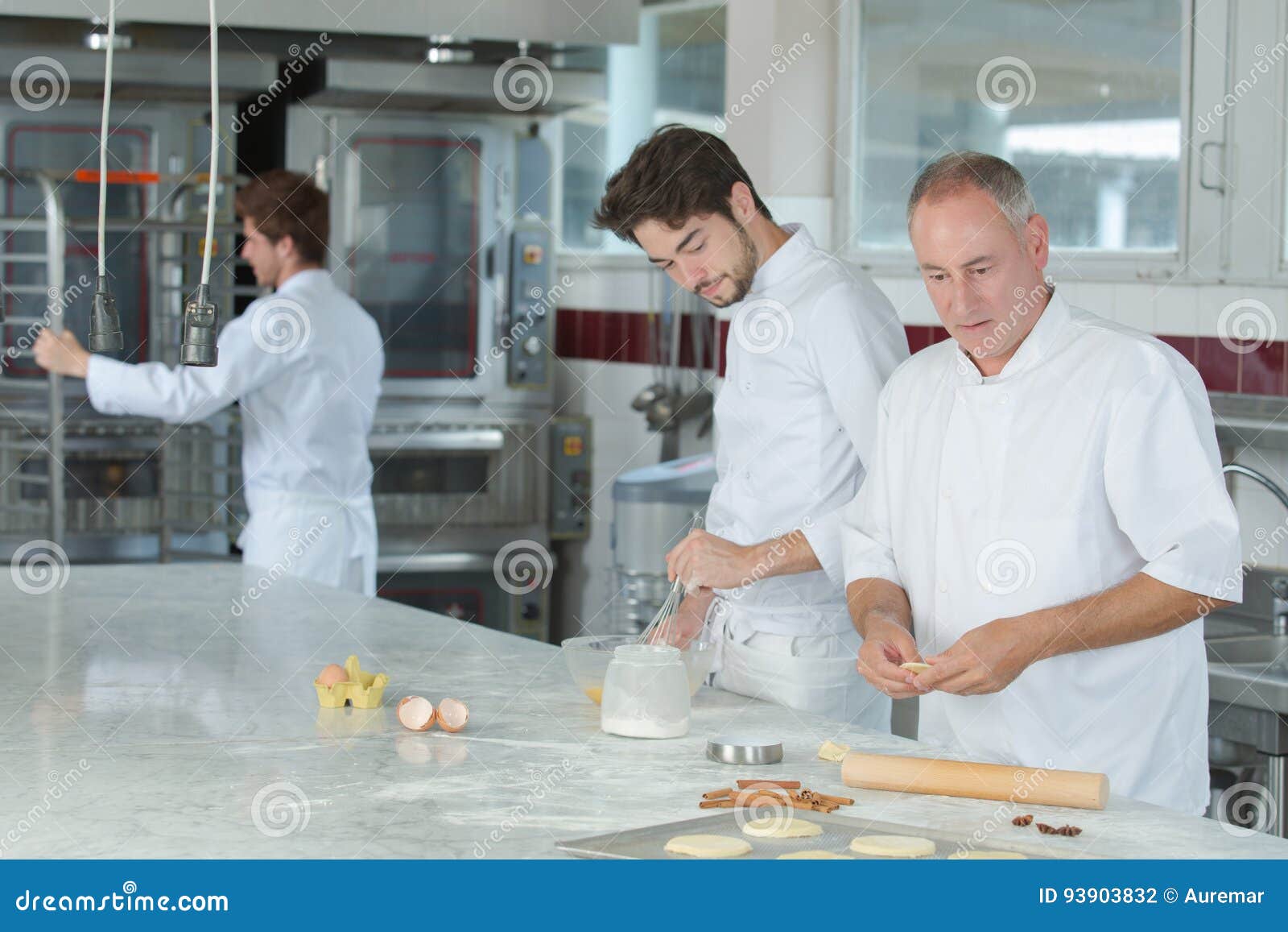Group Students and Male Chef Cook Baking in Kitchen Stock Photo - Image ...