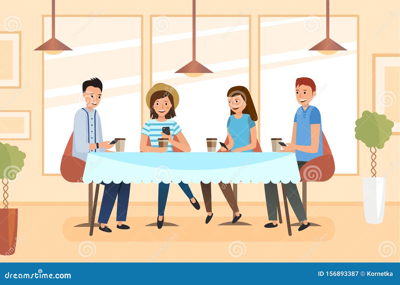 A Group of Students Meets in a Cafe and Drinks Coffee. Stock Vector ...