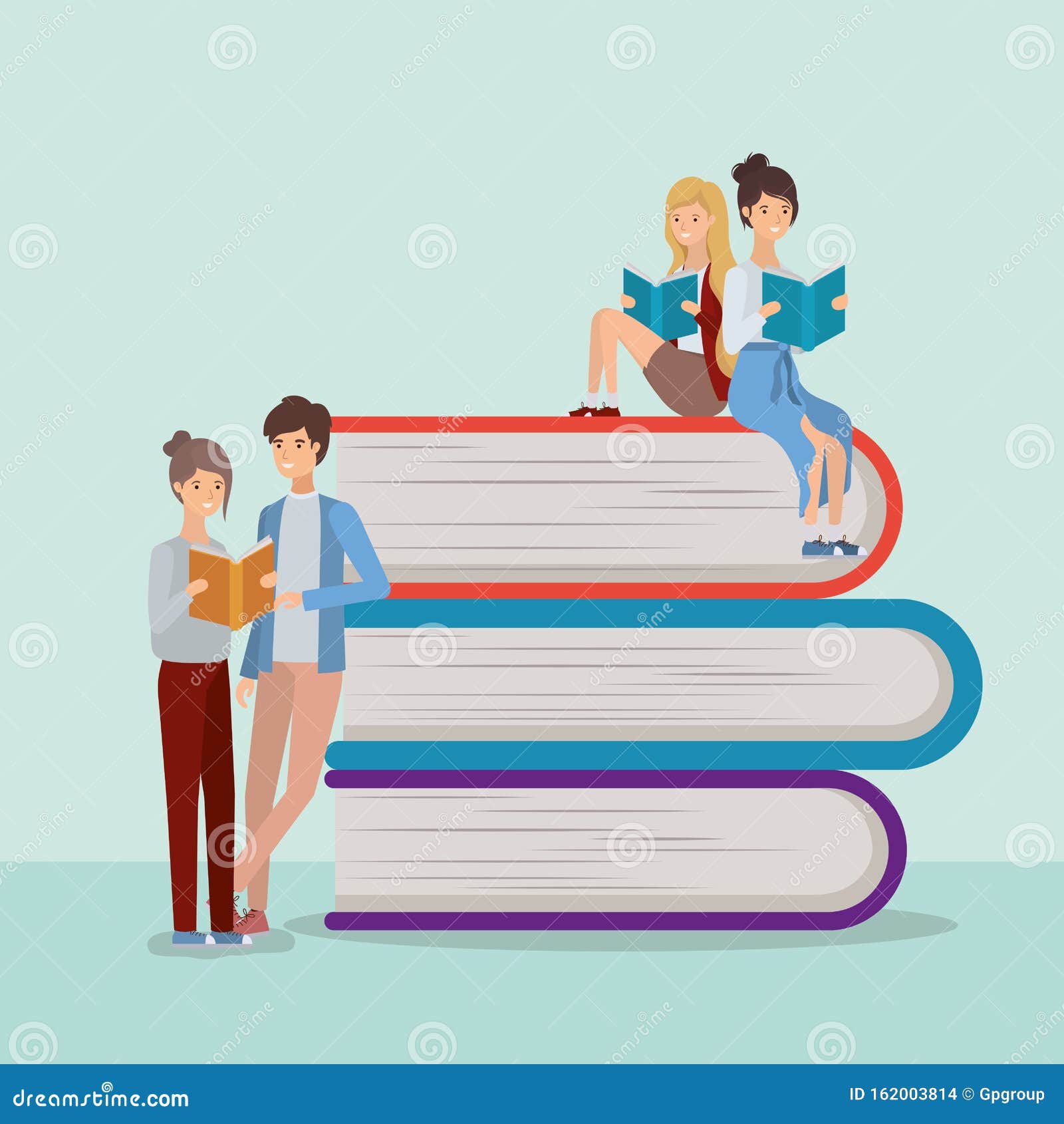 Students Reading Books In Library Cartoon Illustration | CartoonDealer ...