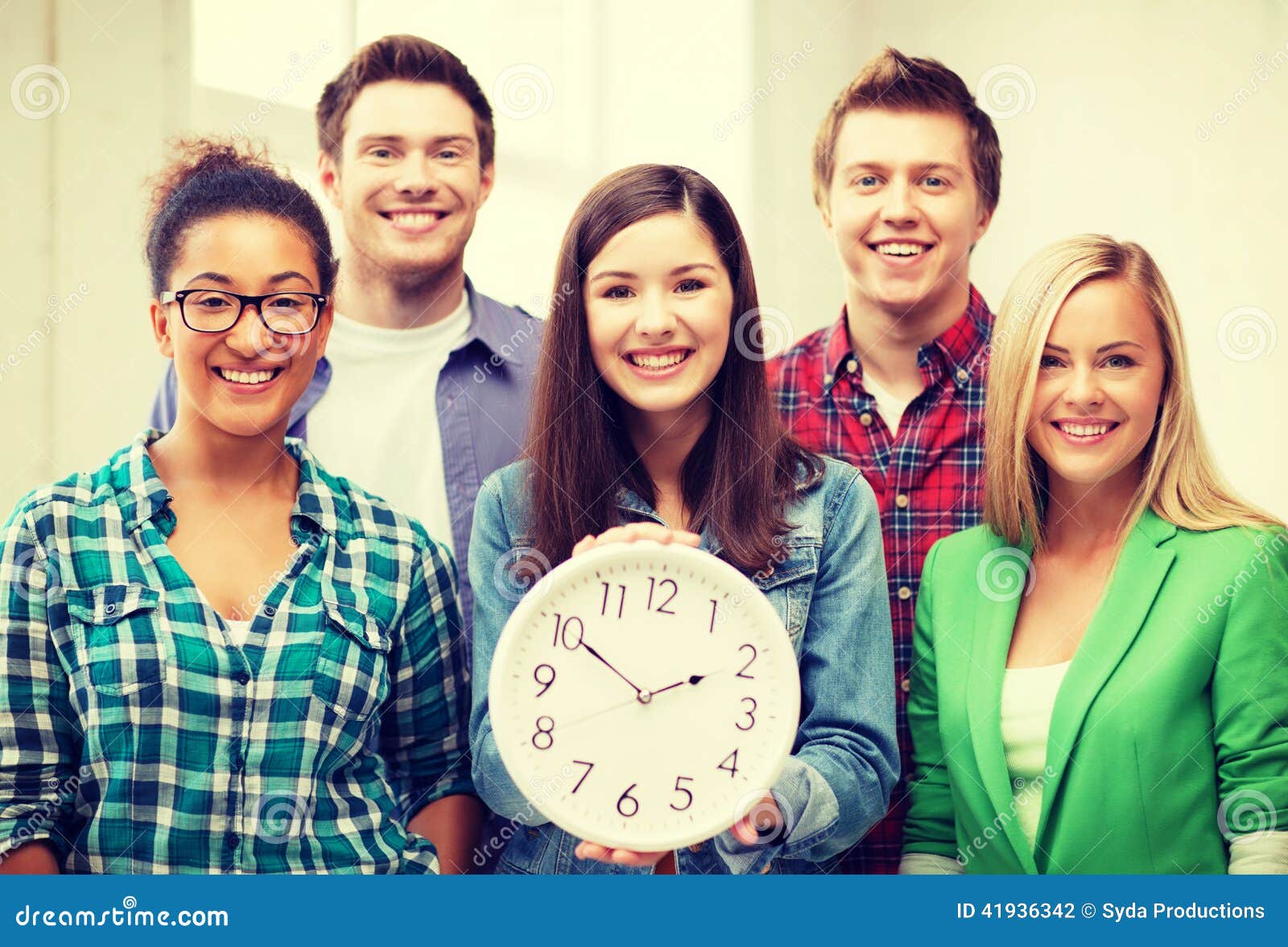 Group of Students at School with Clock Stock Photo - Image of cheerful ...