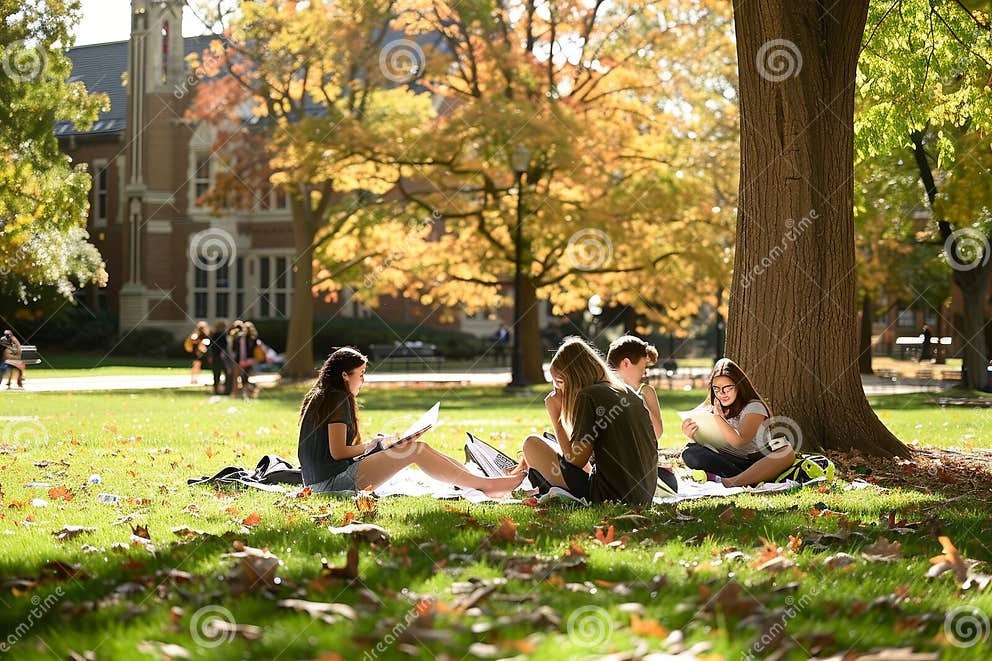 A Group of Students Sit on a Blanket, Studying Under a Large Tree on a ...