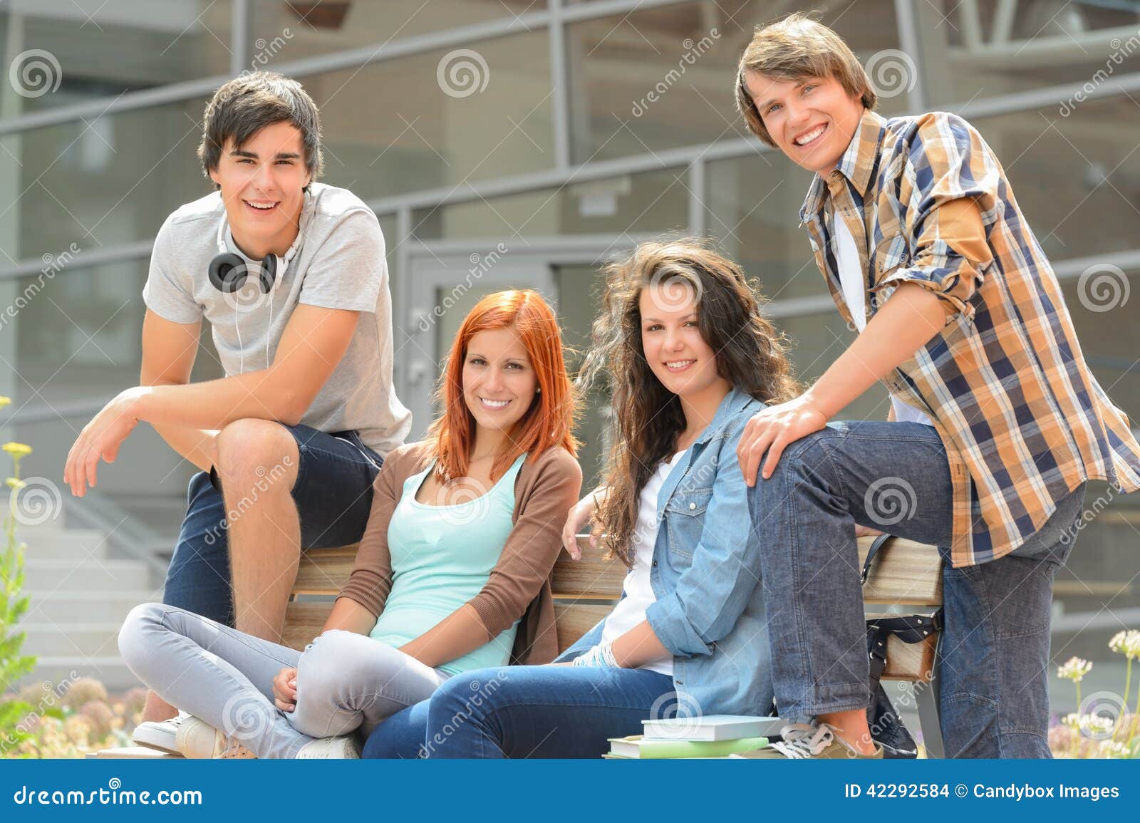 Group of Students Sitting Bench Front College Stock Photo - Image of ...