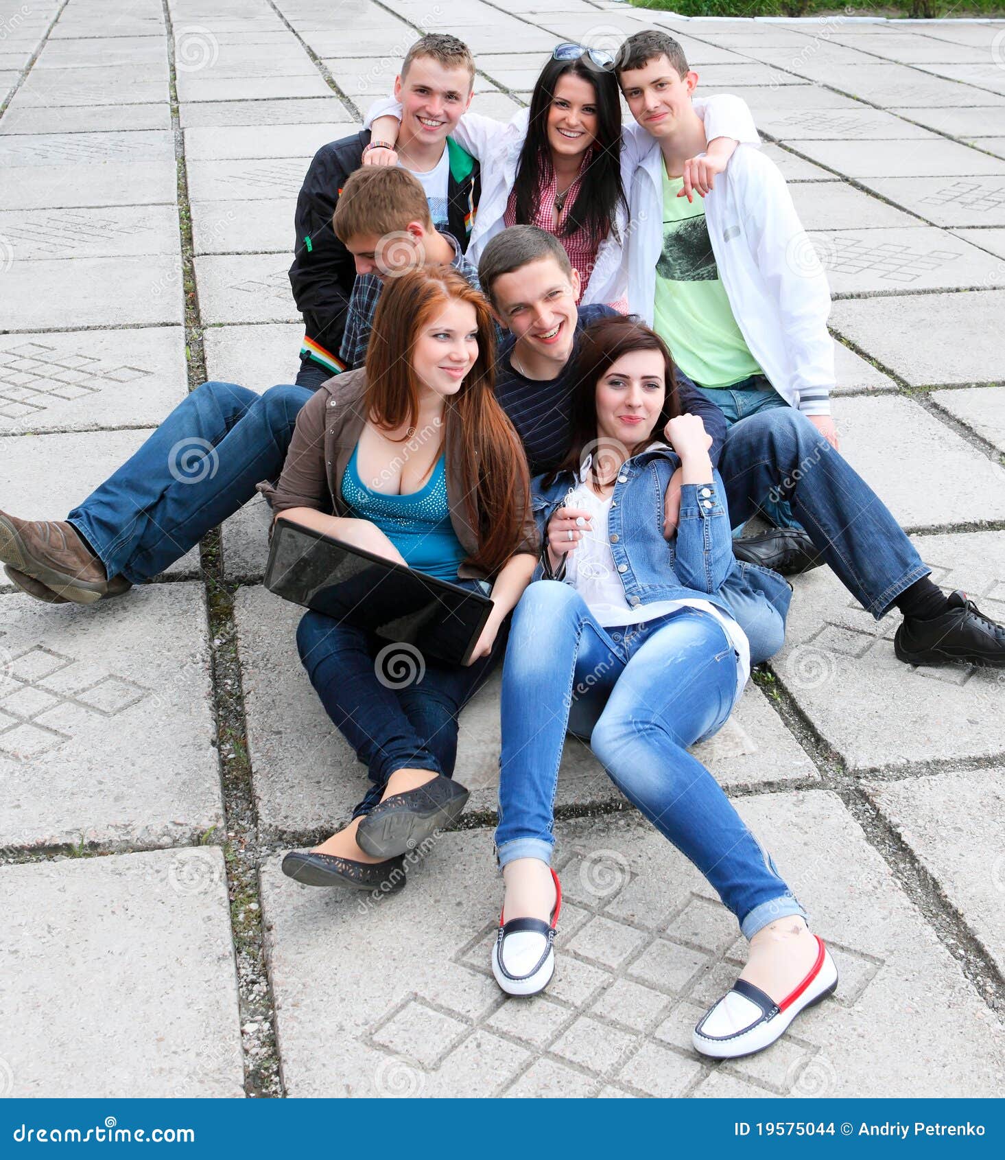 Group Students Sitting on Street Stock Photo - Image of female, beauty ...