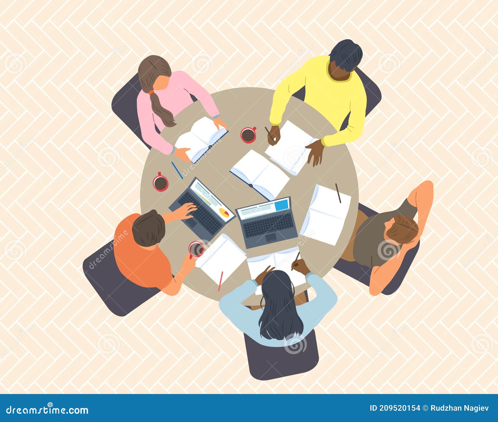 Group of Students Sitting at Table and Studying Stock Vector ...