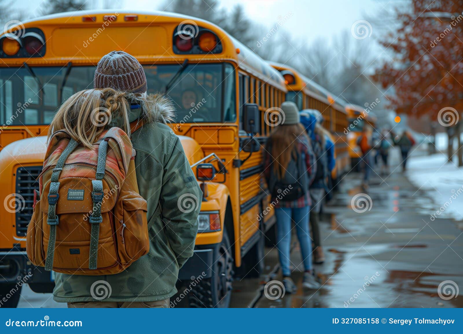 Students Waiting for the School Bus on a Cold Winter Day Stock Photo ...