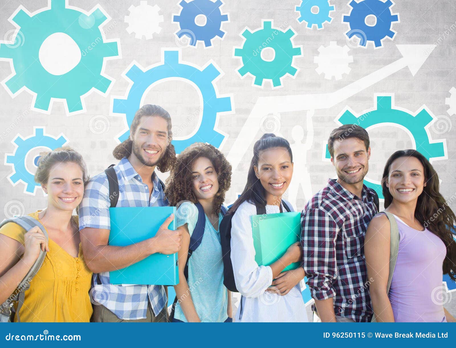 Group of Students Standing in Front of Brick Grey Background with Cog ...