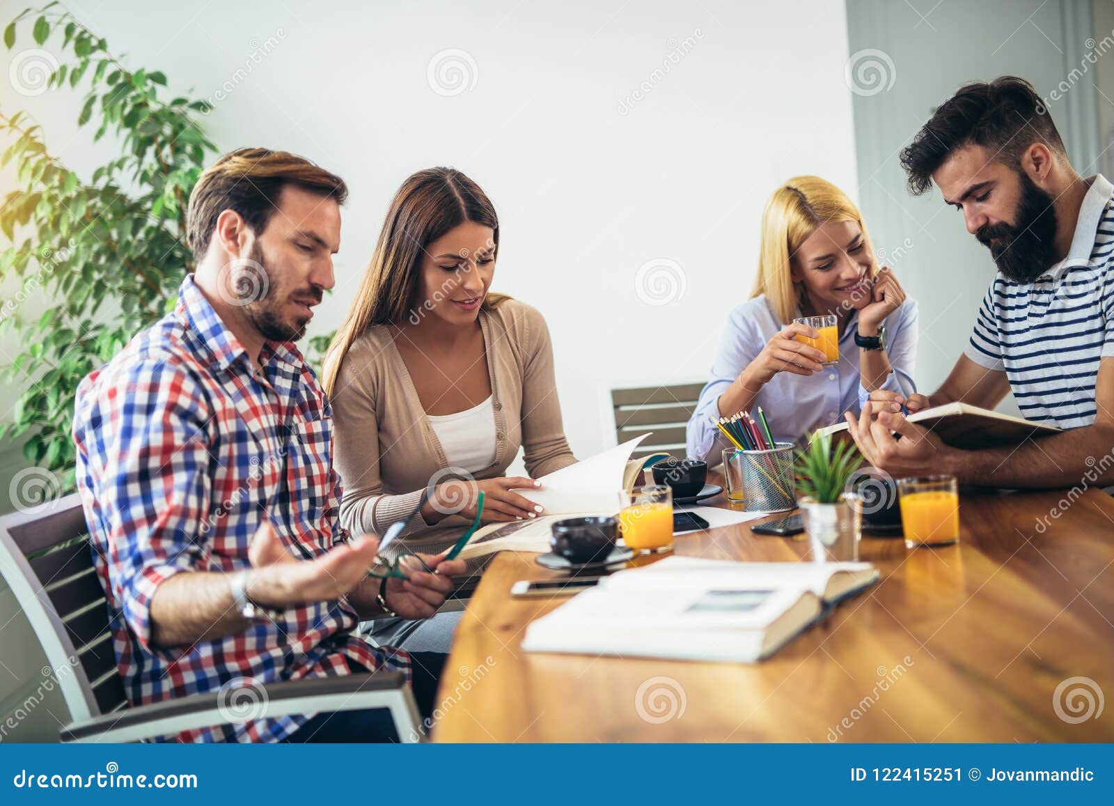 Group of Students Study at Home. Stock Image - Image of coffee, library ...